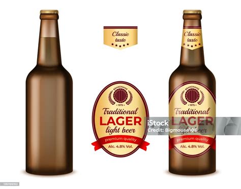 현실적인 상세한 3d 빈 템플릿 모형 갈색 유리 맥주 병과 라벨 세트 벡터 라벨에 대한 스톡 벡터 아트 및 기타 이미지 라벨 맥주 목 Istock