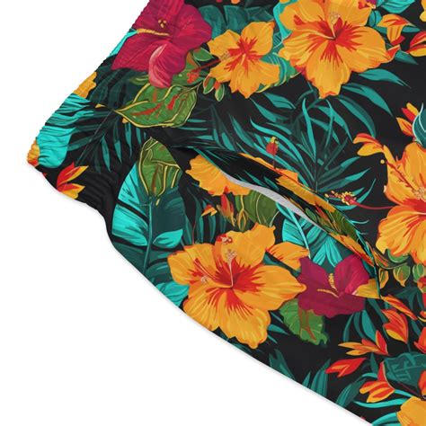 Swim Trunks Aop Hawaiian Floral On Black Etsy