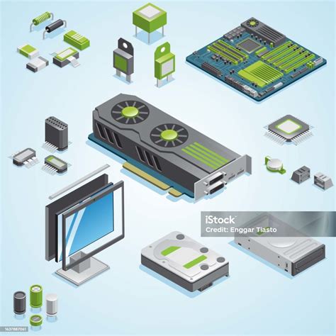 Isometric Computer Hardware Parts Set With Monitor System Unit