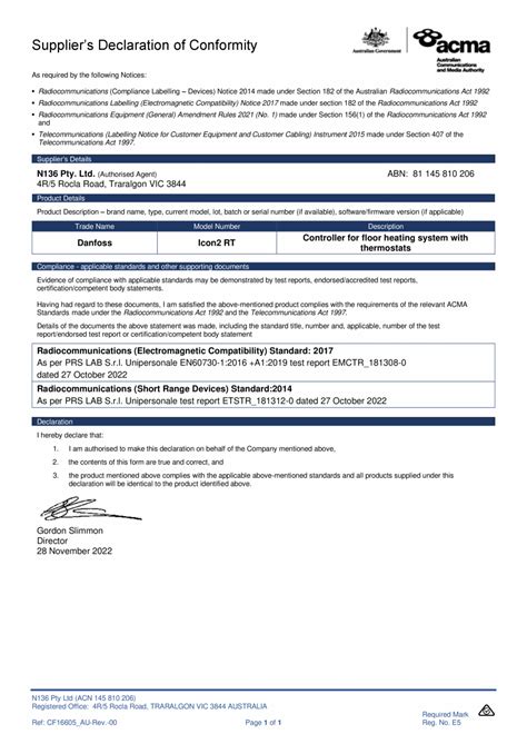 Declaratie De Conformitate Senzor Acma Cf16605 Au Rev 00 Danfoss Icon2 Senzor Icon² Rt