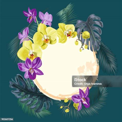 라운드 부케 노란색 자주색 난초 꽃 새싹 그린 팜 대나무 프레임 열 대 어두운 배경 디지털에 몬스 테라 잎 그리는 일러스트 레이 션 서식 파일 벡터 공란에 대한 스톡 벡터