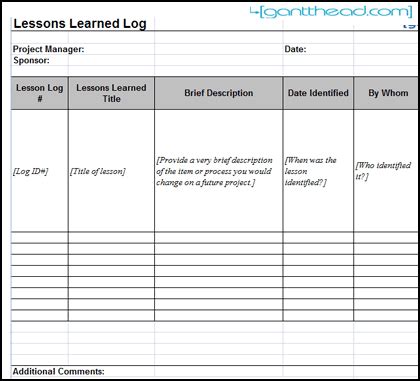 ProjectManagement Com Project HEADWAY Lessons Learned Log