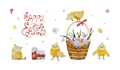 행복한 부활절의 수채화 그림 바구니와 부활절 달걀 귀여운 닭 봄 꽃 나비와 심장으로 손으로 그린 귀여운 봄 그림 엽서 포장 및 축제 장식 디자인을위한 클립 아트 0명에 대한