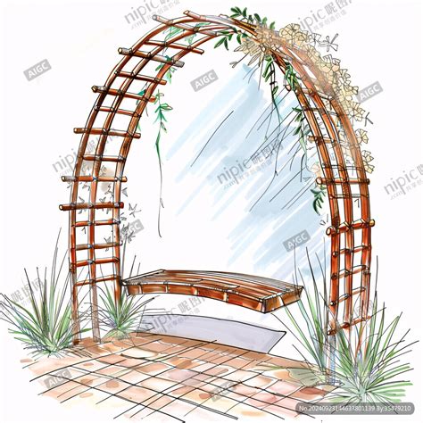 Ai创作图墙角的花园花园插画 卡通廊架 庭院设计拱门 带坐凳的花架 藤架花架长廊 藤架长廊阶梯 拱桥亭子草亭 手绘石拱桥 公园拱形花架子 庭院手绘插画 插画凉亭 木质结构镂空拱门长廊 凉亭亭台