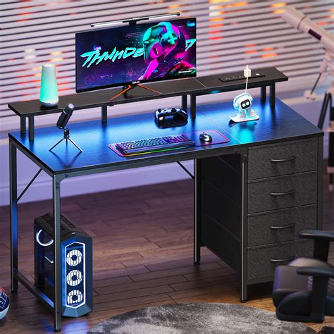 Superjare Desk With Drawers 46 Gaming Desk With Led Lights Computer