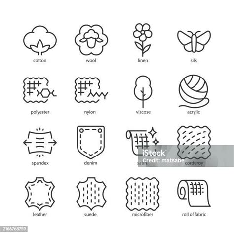 직물 및 봉 제 재료 아이콘 세트 섬유 패션 및 공예 면 양모 린넨 실크 폴리에스터 나일론 비스코스 아크릴 스판덱스 데님 새틴 코듀로이 등 편집 가능한 획이 있는 선