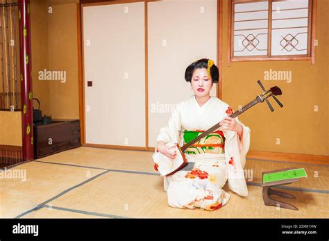 A Geisha Sits Playing The Three Stringed Traditional Japanese Shamisen