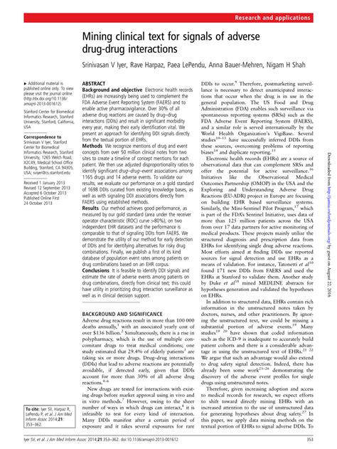 Pdf Mining Clinical Text For Signals Of Adverse Drug Drug Interactions