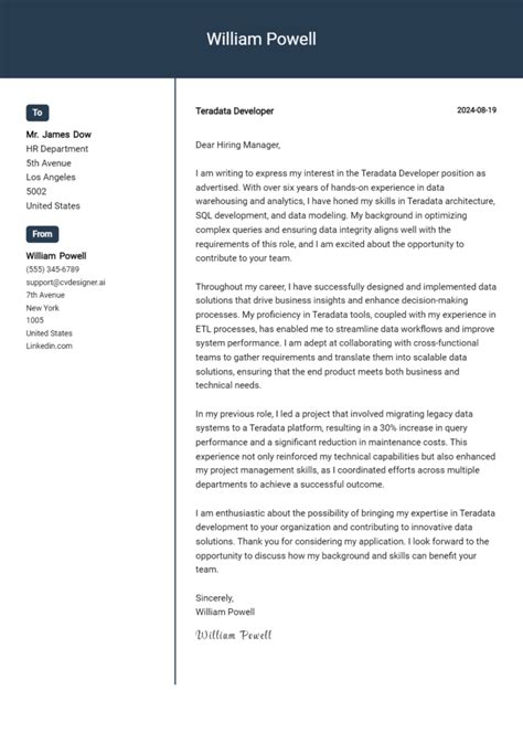 Teradata Developer Cover Letter Example For 2024 Top Cv Skills Cvdesigner Ai