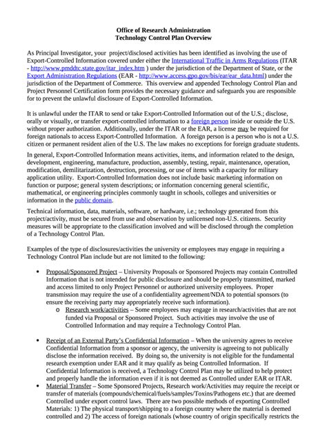 Technology Control Plan Tcp Template Research Doc Template Pdffiller