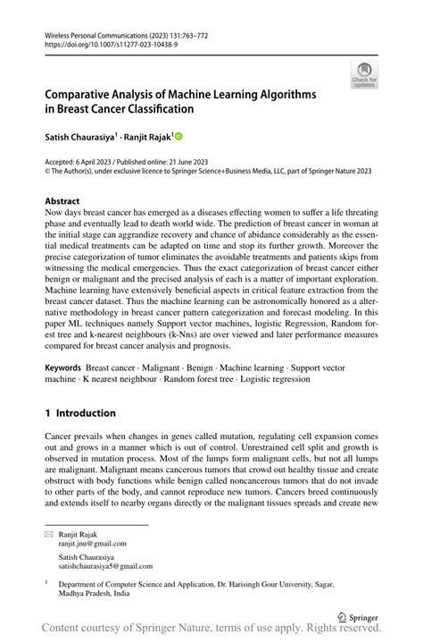 Comparative Analysis Of Machine Learning Algorithms In Breast Cancer Classification