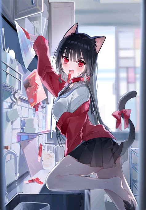 Original Characters Cat Girl Looking At Viewer Long Hair Red Eyes