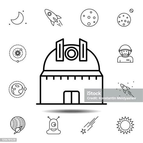 전망대 공간 천문 아이콘 Ui 및 Ux 웹 사이트 또는 모바일 응용 프로그램에 대해 설정 된 공간 아이콘의 간단한 얇은 선 개요 벡터 요소 과학에 대한 스톡 벡터 아트 및
