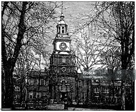 미국 펜실베니아 랜드 마크 및 회사의 골동품 삽화 필라델피아 독립 기념관 19세기에 대한 스톡 벡터 아트 및 기타 이미지 19세기 19세기 스타일 건물 외관 Istock