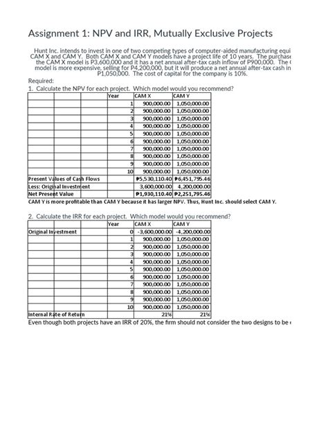 Assignment 1 Npv And Irr Mutually Exclusive Projects Net Present