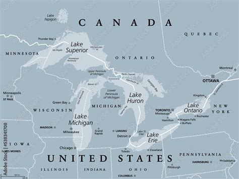 Great Lakes Of North America Gray Political Map Lakes Superior