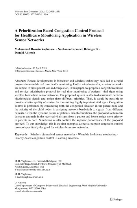 Pdf A Prioritization Based Congestion Control Protocol For Healthcare Monitoring Application