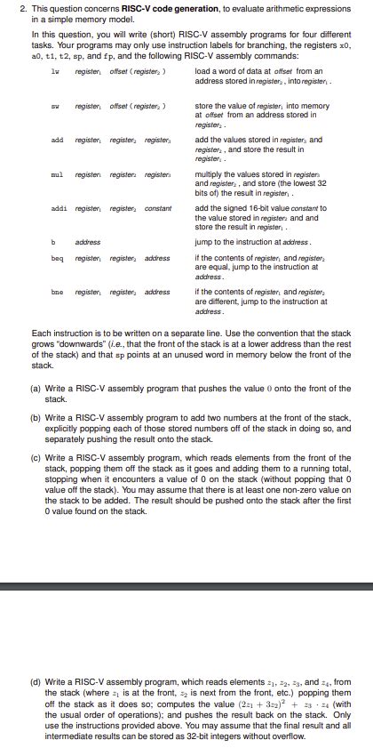 Solved 2 This Question Concerns RISC V Code Generation To Chegg