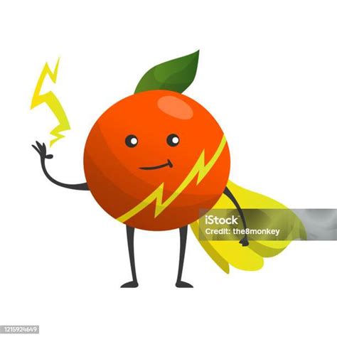 만화 슈퍼 히어로 오렌지입니다 케이프에 손을 올려 과일 귀여운 유치한 만화 캐릭터 슈퍼 히어로 의상재미있는 만화 과일 건강한 식단의 로고 개념 벡터 일러스트레이션 건강한