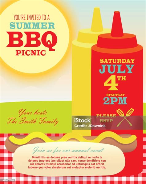 피크닉 Bbq 초대 디자인식 형판 머스터드와 케첩 머스타드 병 핫도그 초대장에 대한 스톡 벡터 아트 및 기타 이미지 초대장
