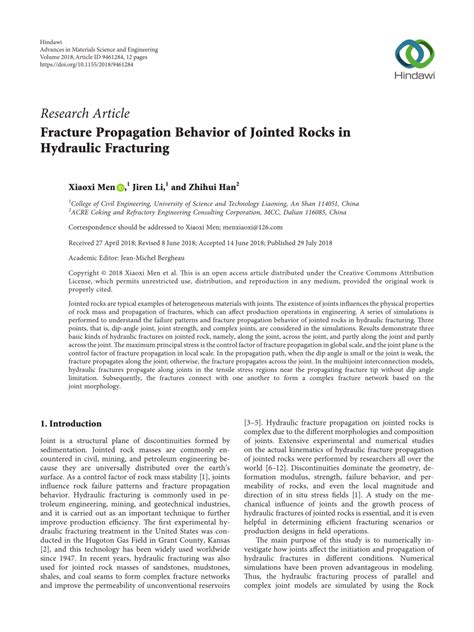 Pdf Fracture Propagation Behavior Of Jointed Rocks In Hydraulic Fracturing