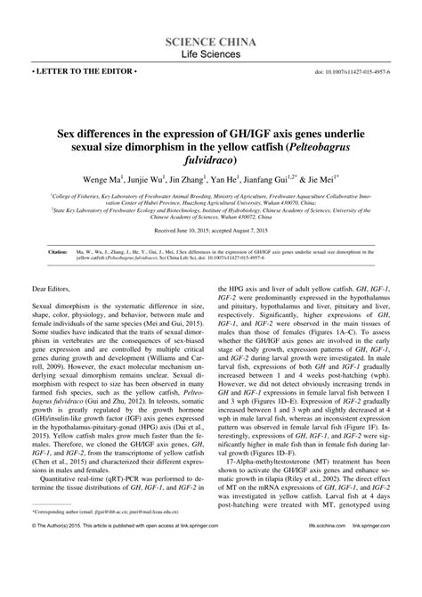 PDF Sex Differences In The Expression Of GH IGF Axis Genes Underlie Sexual Size Dimorphism In