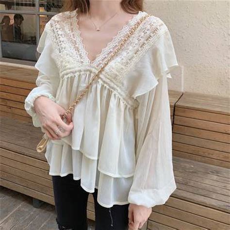 레이디 페어리 쉬폰 탑 여성 우아한 블라우스 여름 패션 주름 장식 V 넥 느슨한 긴 소매 셔츠 세련된블라우스 And 셔츠 Aliexpress