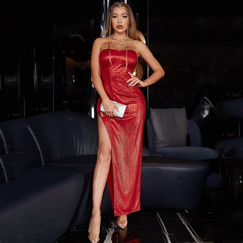 Wish亚马逊跨境热销欧美爆款女装长裙红色质感开叉裹胸性感连衣裙 阿里巴巴