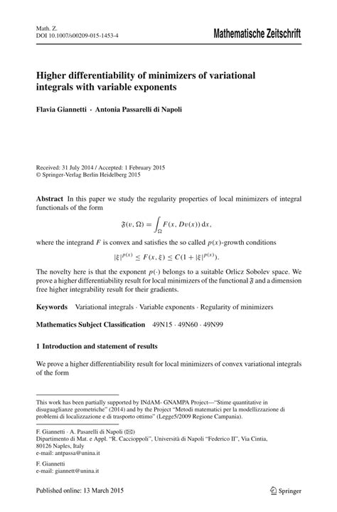 Pdf Higher Differentiability Of Minimizers Of Variational Integrals