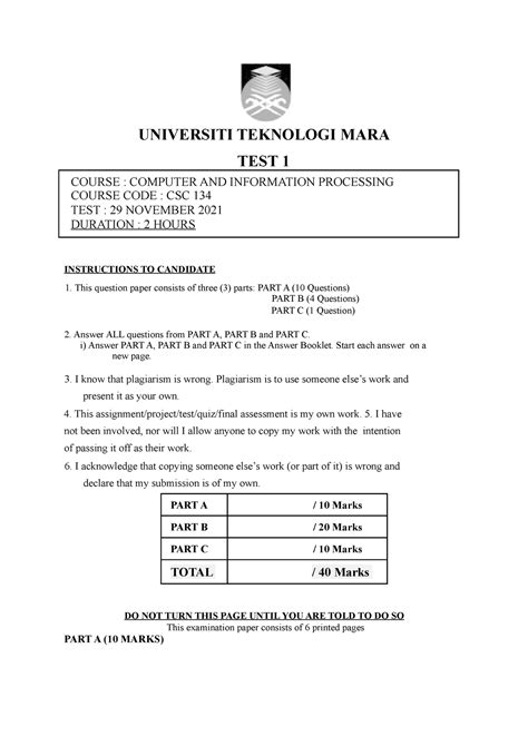 CSC134 TEST NOV2021 Office Management And Technology UiTM Studocu