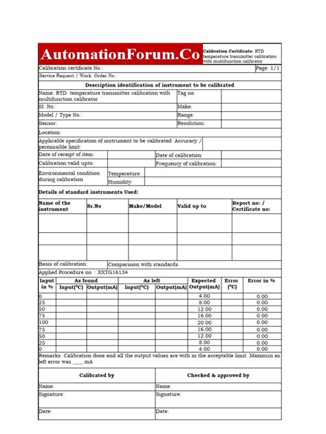 Rtd Temperature Transmitter Calibration Report Template Pdf Calibration Metrology