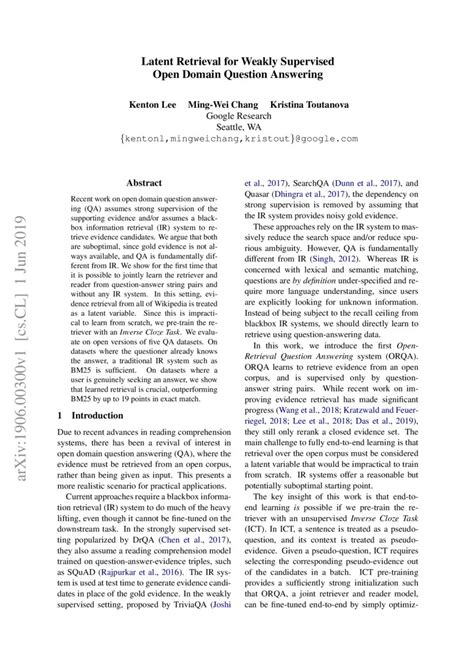 Latent Retrieval For Weakly Supervised Open Domain Question Answering Deepai