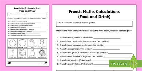 Cfe French Maths Calculations Food And Drink Worksheet Worksheet