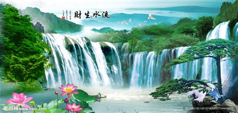 山水风景画 流水生财设计图 风景 PSD分层素材 设计图库 昵图网