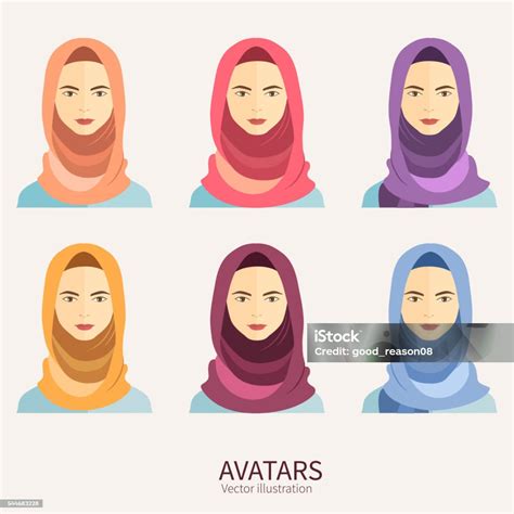 Women Wearing Hijab Avatar Icons In Flat Style Stock Illustration