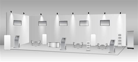 현실적인 무역 전시회 스탠드 또는 흰색 빈 전시 키오스크 또는 스탠드 부스 기업 Com 세트 프리미엄 벡터