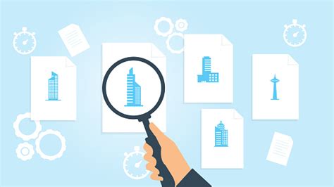 건물 파일 문서 연구 벡터 그림 검색 아이콘으로 문서작성합니다 파일 및 돋보기 분석 연구 기호입니다 벡터 일러스트레이션 0명에