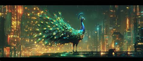 Metallic Peacock Glowing Feathers In A Futuristic World Stock