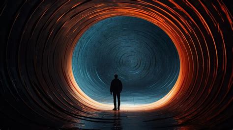 Into The Depths Person In Dark Orange Tunnel Premium Ai Generated Image