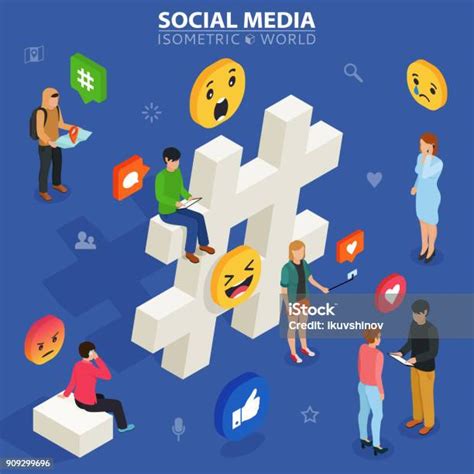 소셜 미디어 아이소메트릭 개념입니다 젊은 사람들은 서로 통신할 소셜 네트워킹 및 블로깅 남자와 여자 큰 Hashtag 기호 옆의 평면 디자인 등측투영법에 대한 스톡 벡터