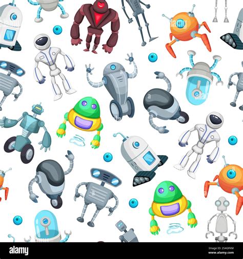 Seamless Pattern With Cute Funny Robots Vector Pictures In Cartoon Style Robot Cartoon