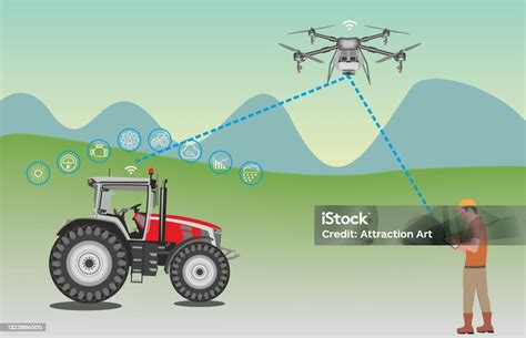 농부는 태블릿과 무인 항공기로 원격으로 자신의 트랙터를 제어 내비게이션에 대한 스톡 벡터 아트 및 기타 이미지 내비게이션 트랙터 감지기 Istock