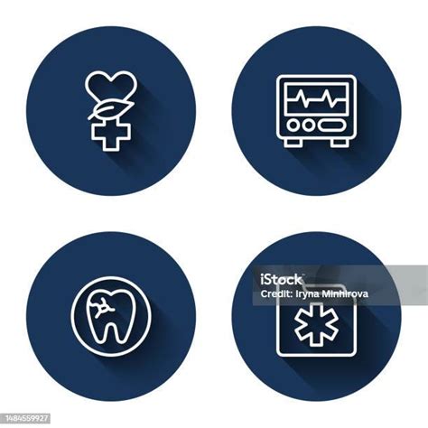 Ethnoscience 라인 심전도가 있는 모니터 치아 우식증 및 긴 그림자가 있는 의료 건강 기록 폴더를 설정합니다 파란색 원 버튼입니다 벡터 개념에 대한 스톡 벡터 아트