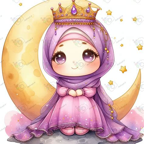 بک گراند کودکانه دختر کوچولو با پیراهن و روسری بنفش و تاج طلایی نشسته روی ماه کد 41145 ویژه عکس