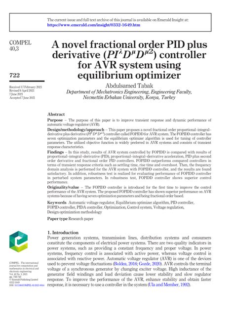 Pdf A Novel Fractional Order Pid Plus Derivative Pi λ D µ D µ 2 Controller For Avr System