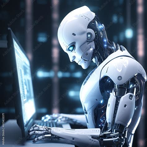 Humanoid Robot Working With A Computer In A Dark Room Robot Typing On