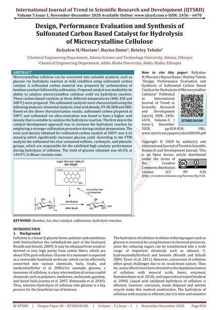 Design Performance Evaluation And Synthesis Of Sulfonated Carbon Based Catalyst For Hydrolysis