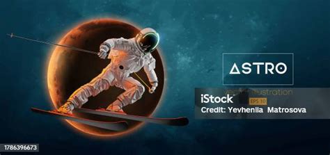 우주 활동에서 스키를 타는 우주 비행사와 지구 화성 우주를 배경으로 한 행성의 추상적인 실루엣 트릭을 하는 스키어 남자 조각