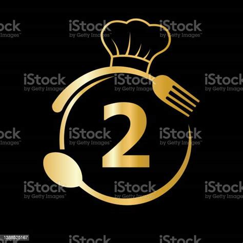 주방 간판 카페 아이콘 레스토랑 요리 비즈니스 벡터를위한 요리사 모자 숟가락 및 포크 기호가있는 편지 2의 레스토랑 로고 건강한 식생활에 대한 스톡 벡터 아트 및 기타