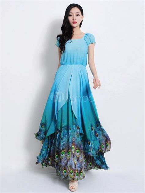Blue Peacock Feather Print Chiffon Maxi Dress Print Chiffon Maxi